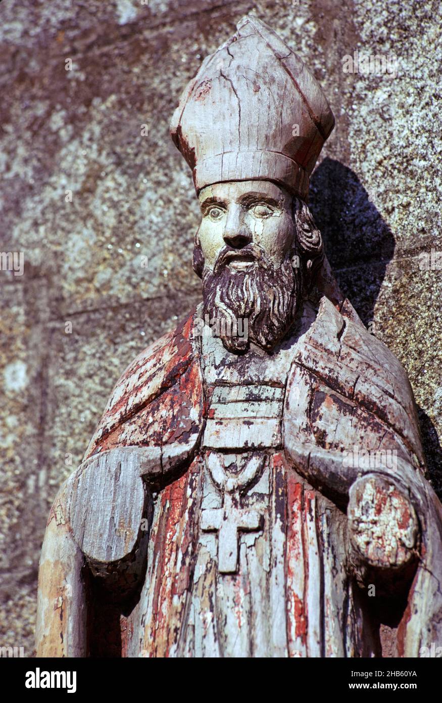 Medieval wooden religious statue sculpture of a bishop, Brittany ...