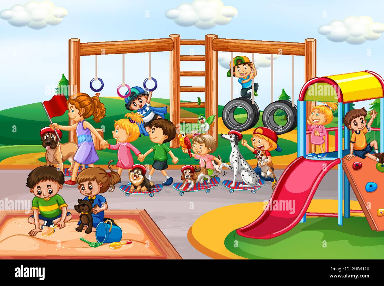 Kids playing with their animals at the playground illustration Stock ...