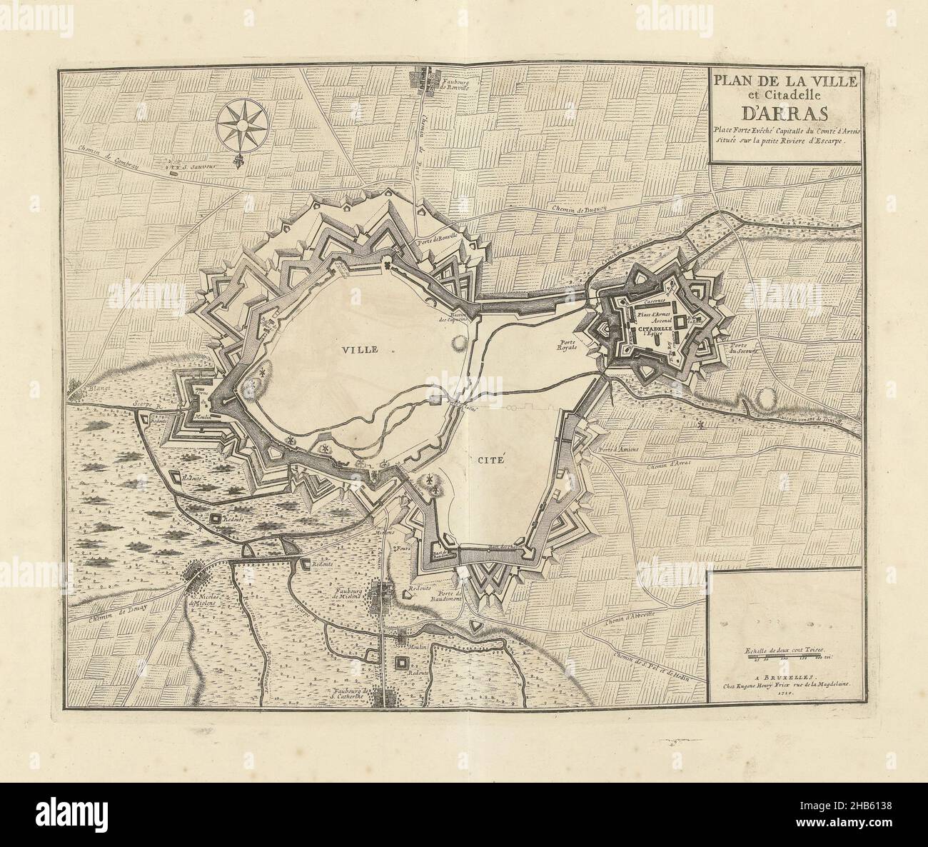 Map of Arras, 1710, Plan de la Ville et Citadelle d'Arras (title on ...