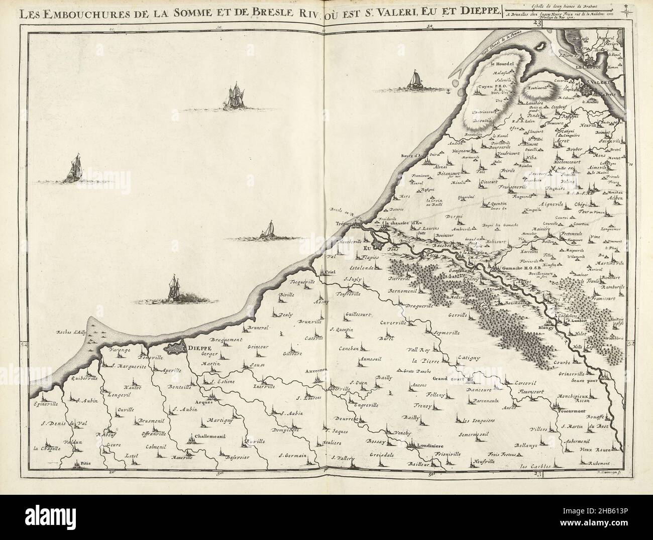 Map of the coast of northern France with the mouths of the Somme and ...