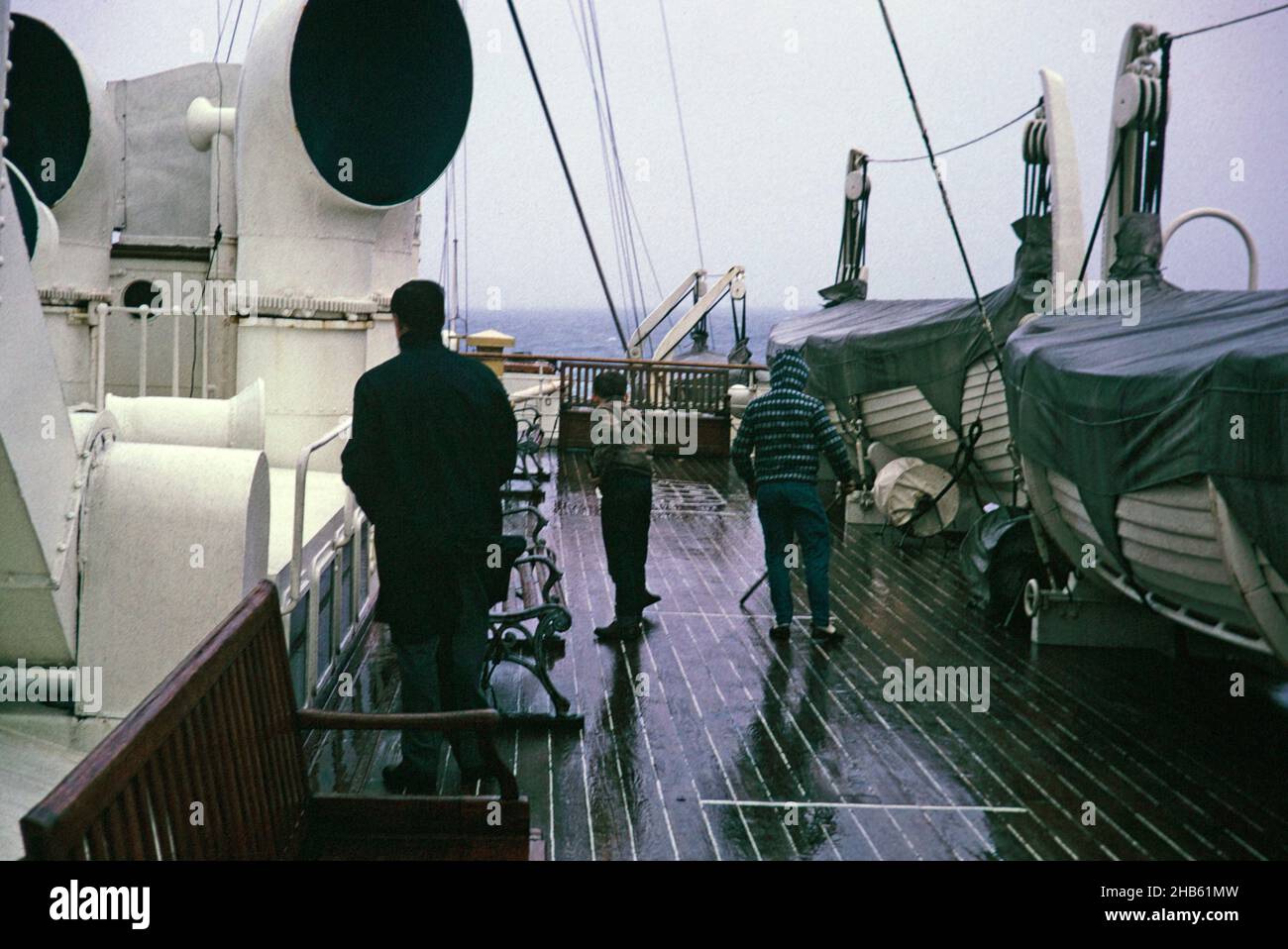 Passengers on deck TS Leda, Bergen to Newcastle ferry ship in the North ...
