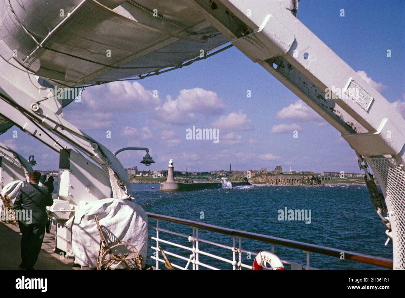 TS Leda, Bergen to Newcastle ferry ship, passing Tynemouth Priory after ...