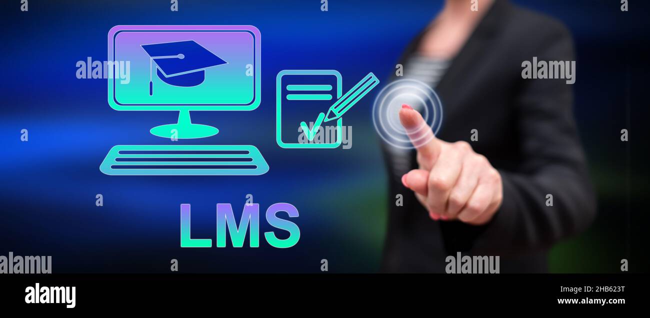Woman touching a lms concept on a touch screen with her finger Stock ...
