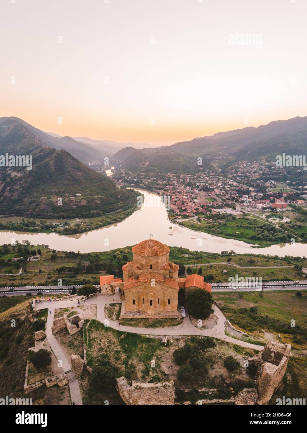 Aerial view Jvari temple in Georgia. Jvari - Georgian monastery and ...