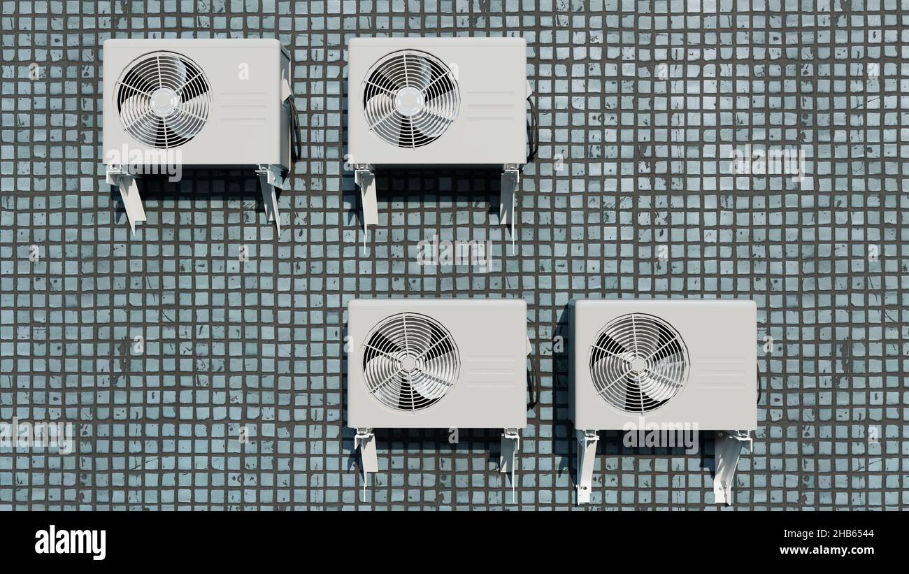 Set of white air conditioners on material wall Stock Photo - Alamy