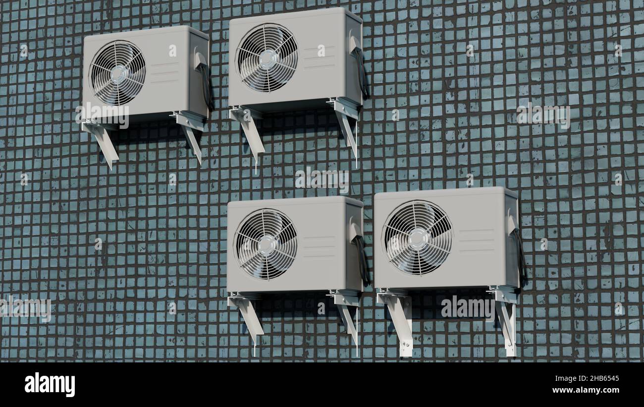 Set of white air conditioners on material wall Stock Photo - Alamy