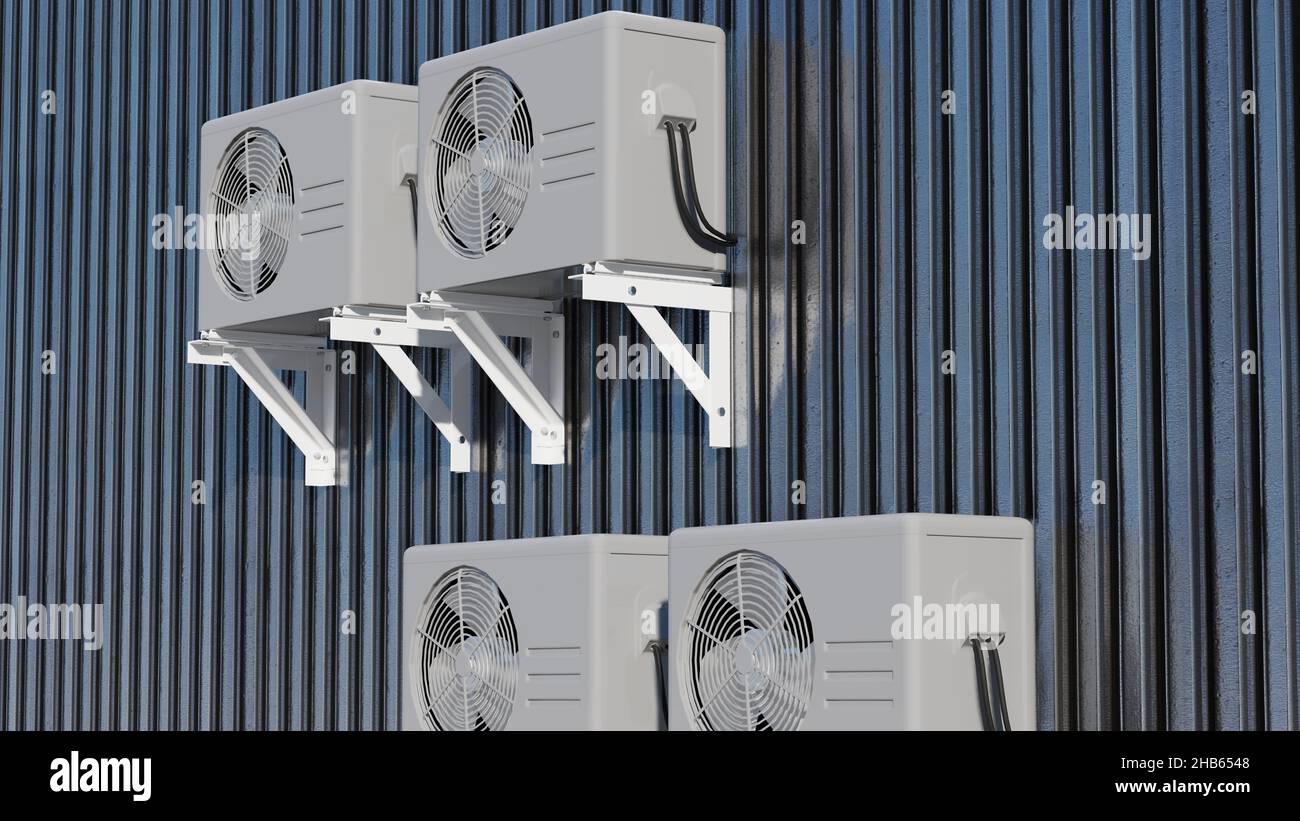 Set of white air conditioners on material wall Stock Photo - Alamy