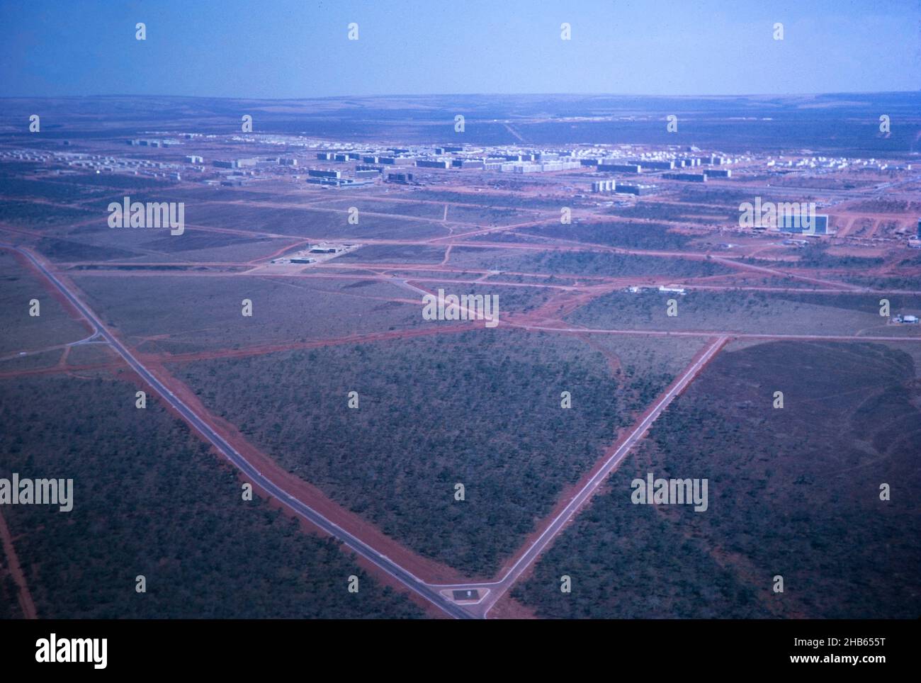 Aerial view of buildings, road system and city layout, Brasilia ...