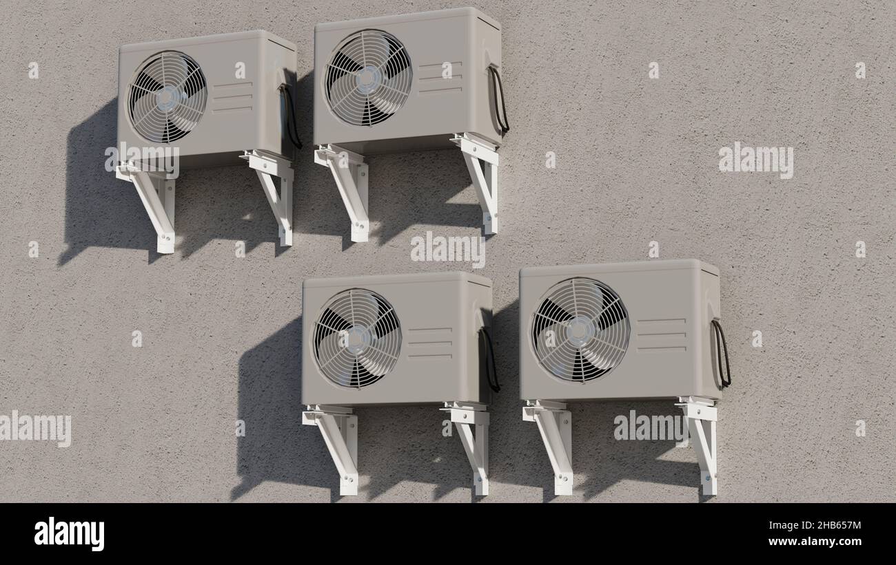 Set of white air conditioners on material wall Stock Photo - Alamy