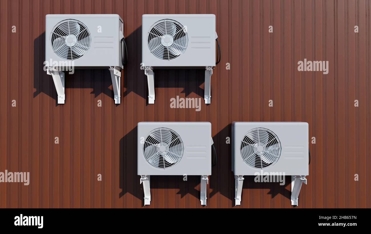 Set of white air conditioners on material wall Stock Photo - Alamy