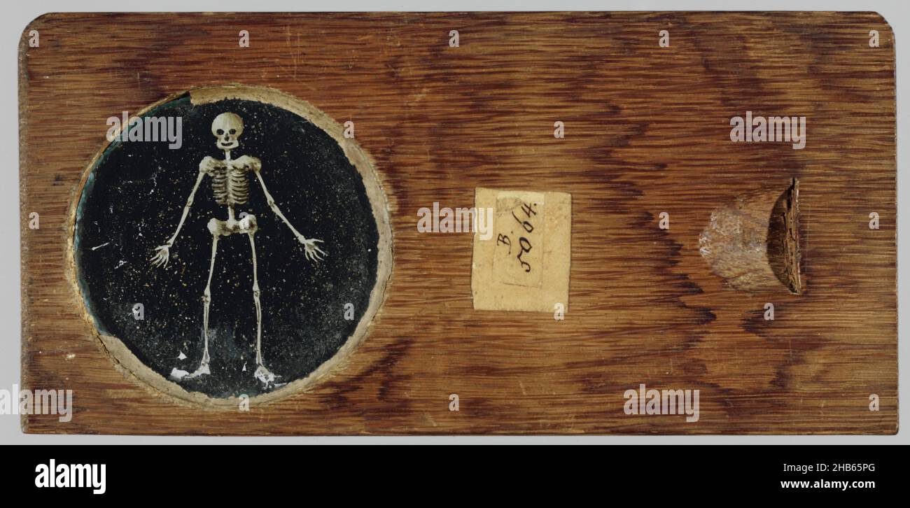 Skeleton, Round glass in wooden frame. Standing skeleton with arms wide ...