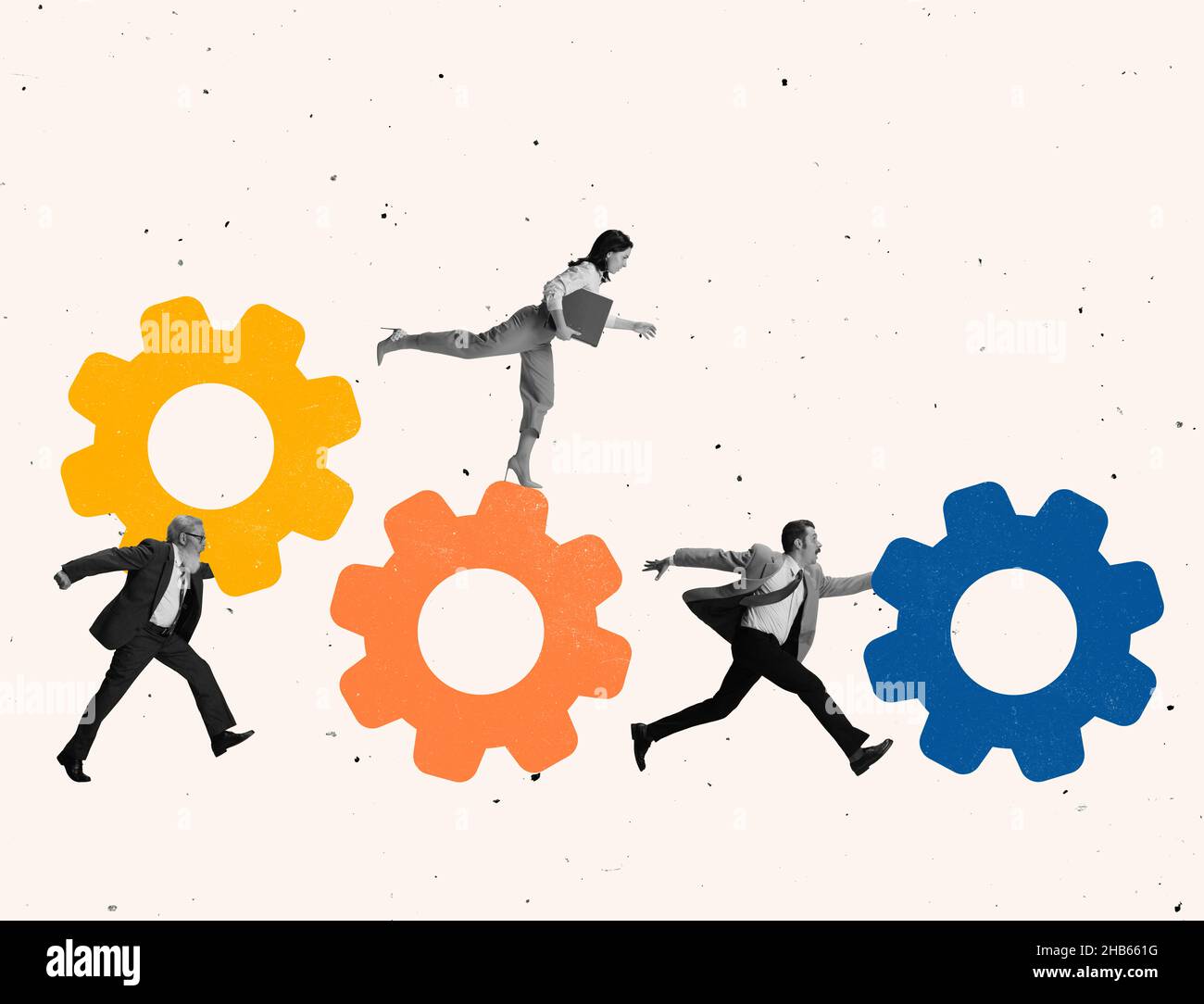 Contemporary art collage of people, employee connecting mechanism ...
