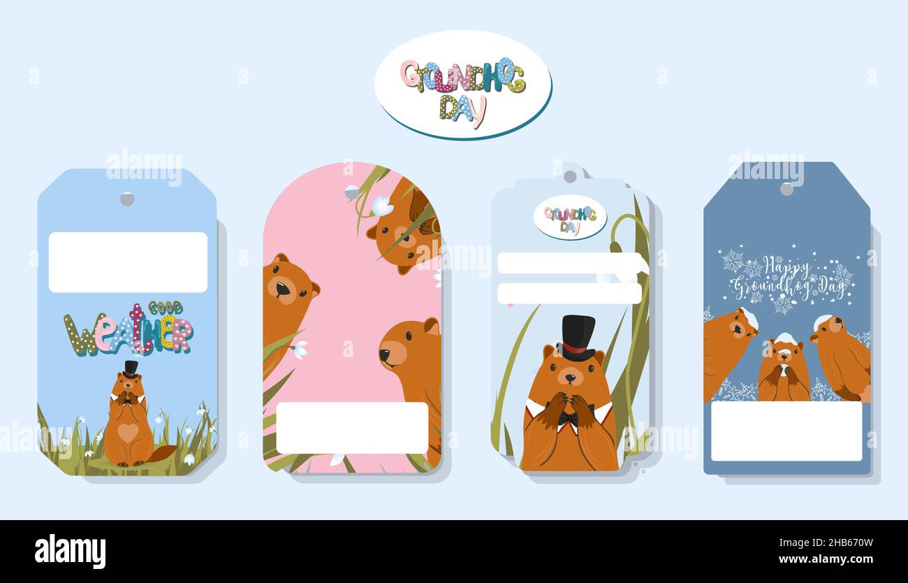 Happy Groundhog Day. Set of marmots tags. Text lettering for greeting ...