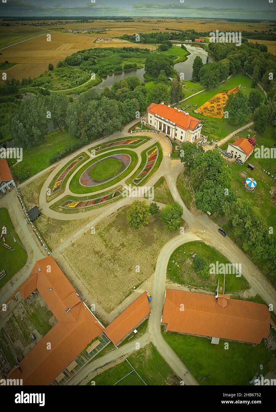 Lithuania town Pakruojis villa aerial view with unique main building ...