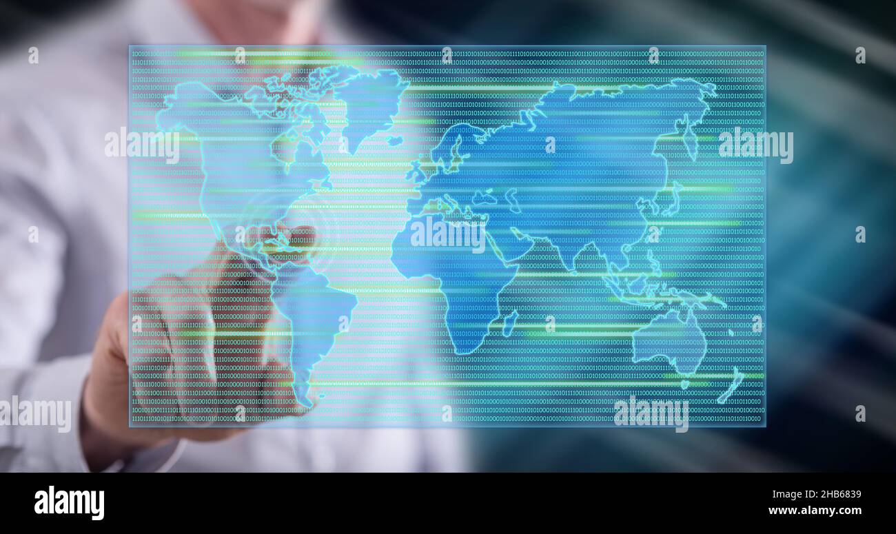 Man touching a data transfer concept on a touch screen with his finger ...