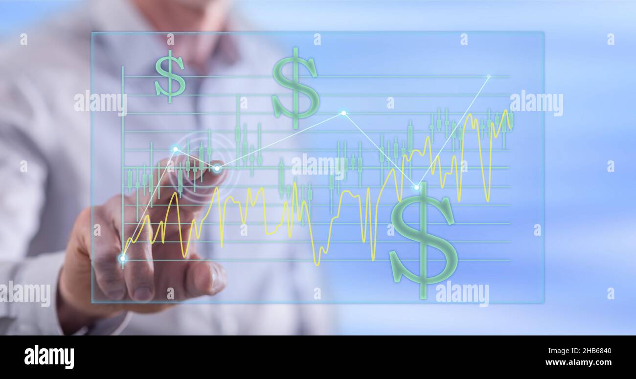 Man touching a stock exchange concept on a touch screen with his finger ...