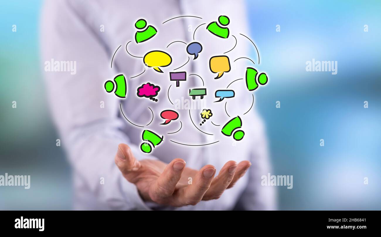 Communication concept above the hand of a man in background Stock Photo ...