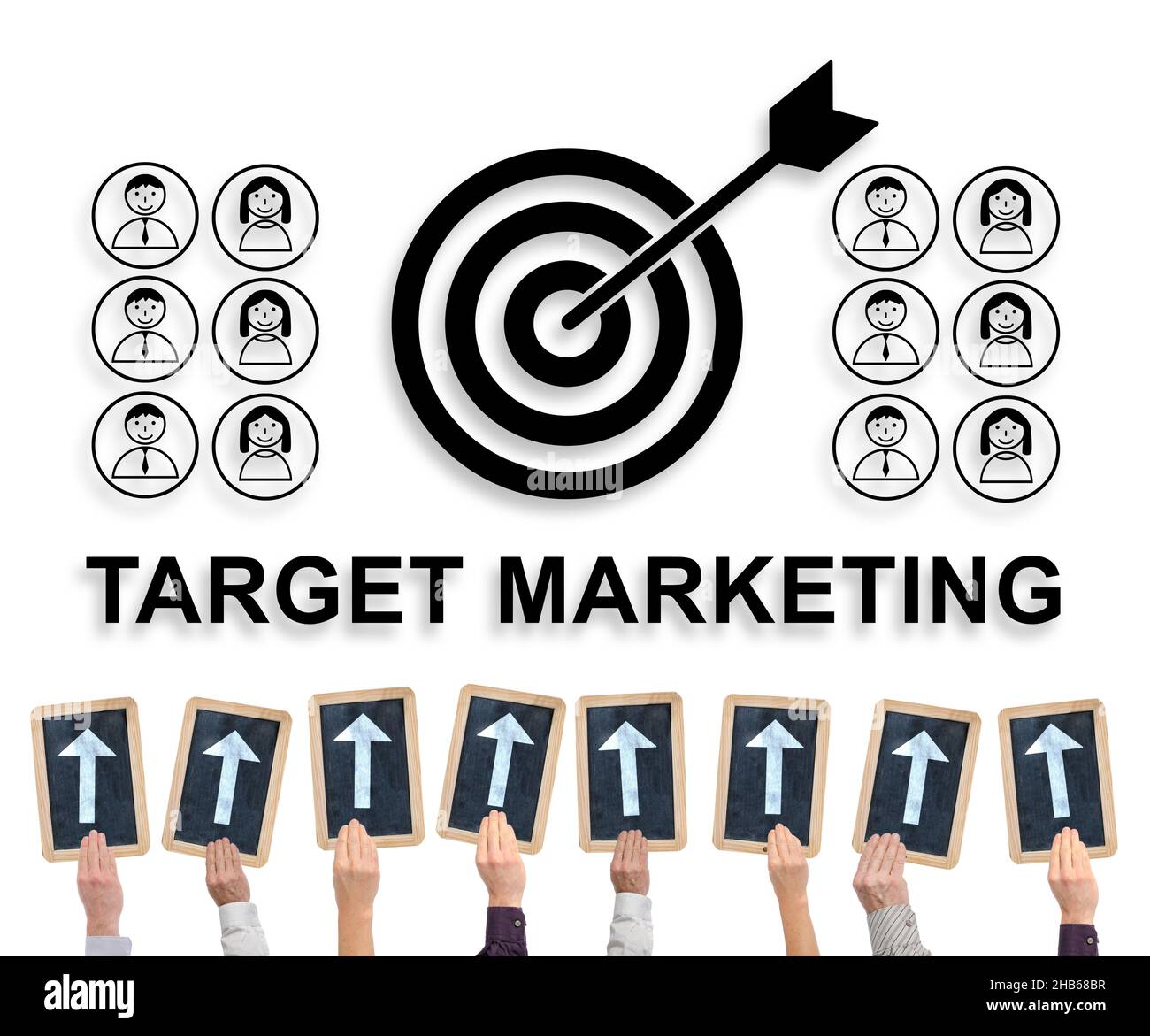 Hands holding writing slates with arrows pointing on target marketing ...