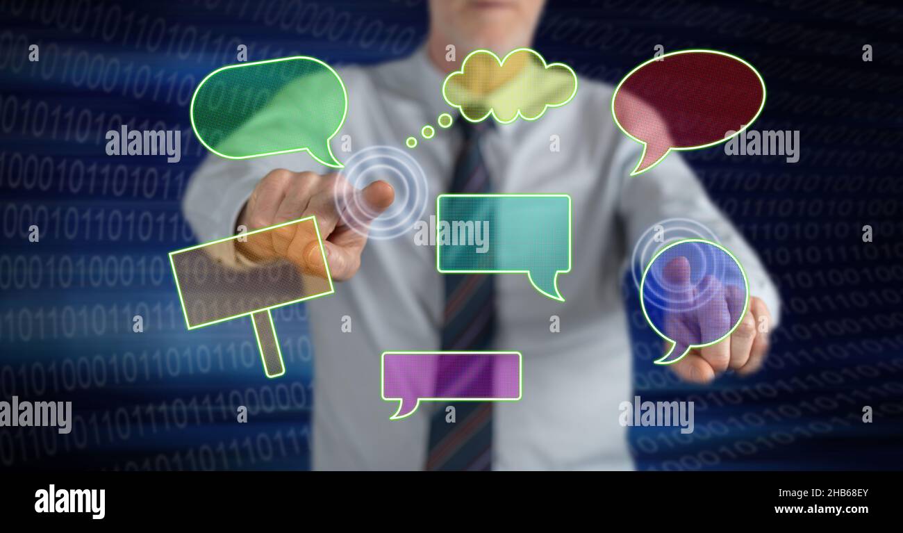 Man touching a communication concept on a touch screen with his fingers ...