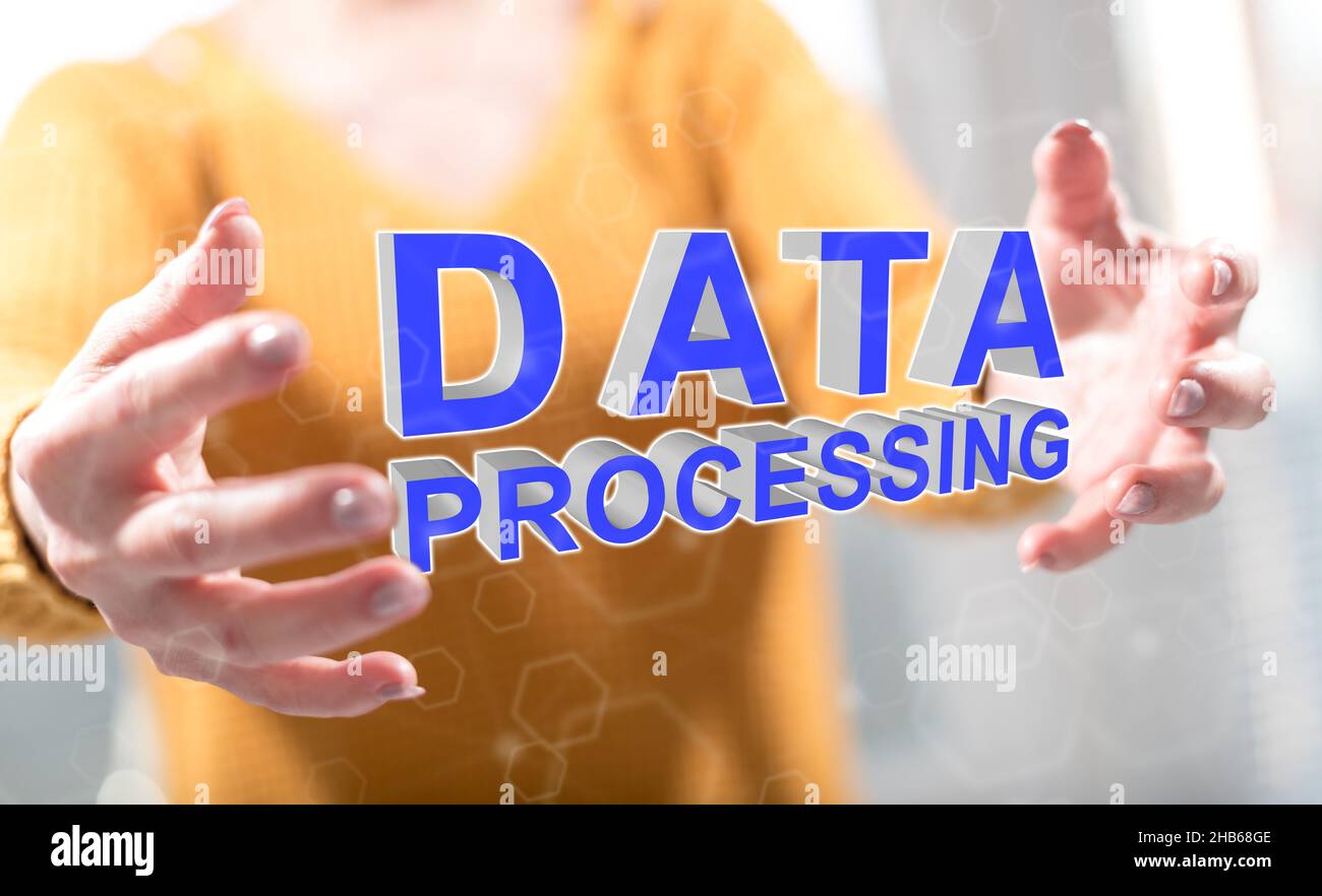 Data processing concept between hands of a woman in background Stock ...