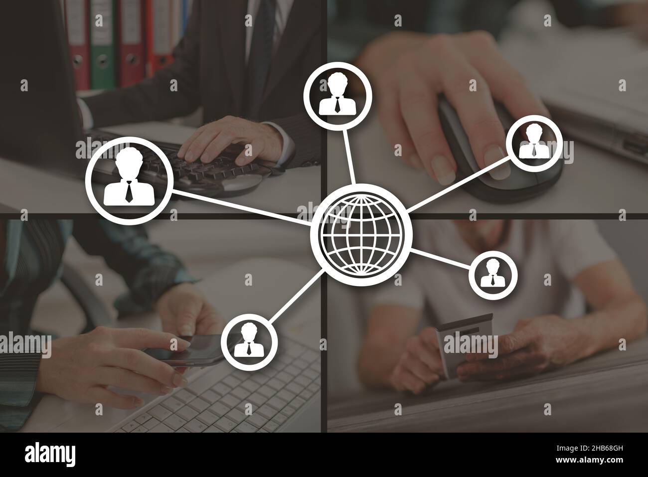 Global business network concept illustrated by pictures on background ...