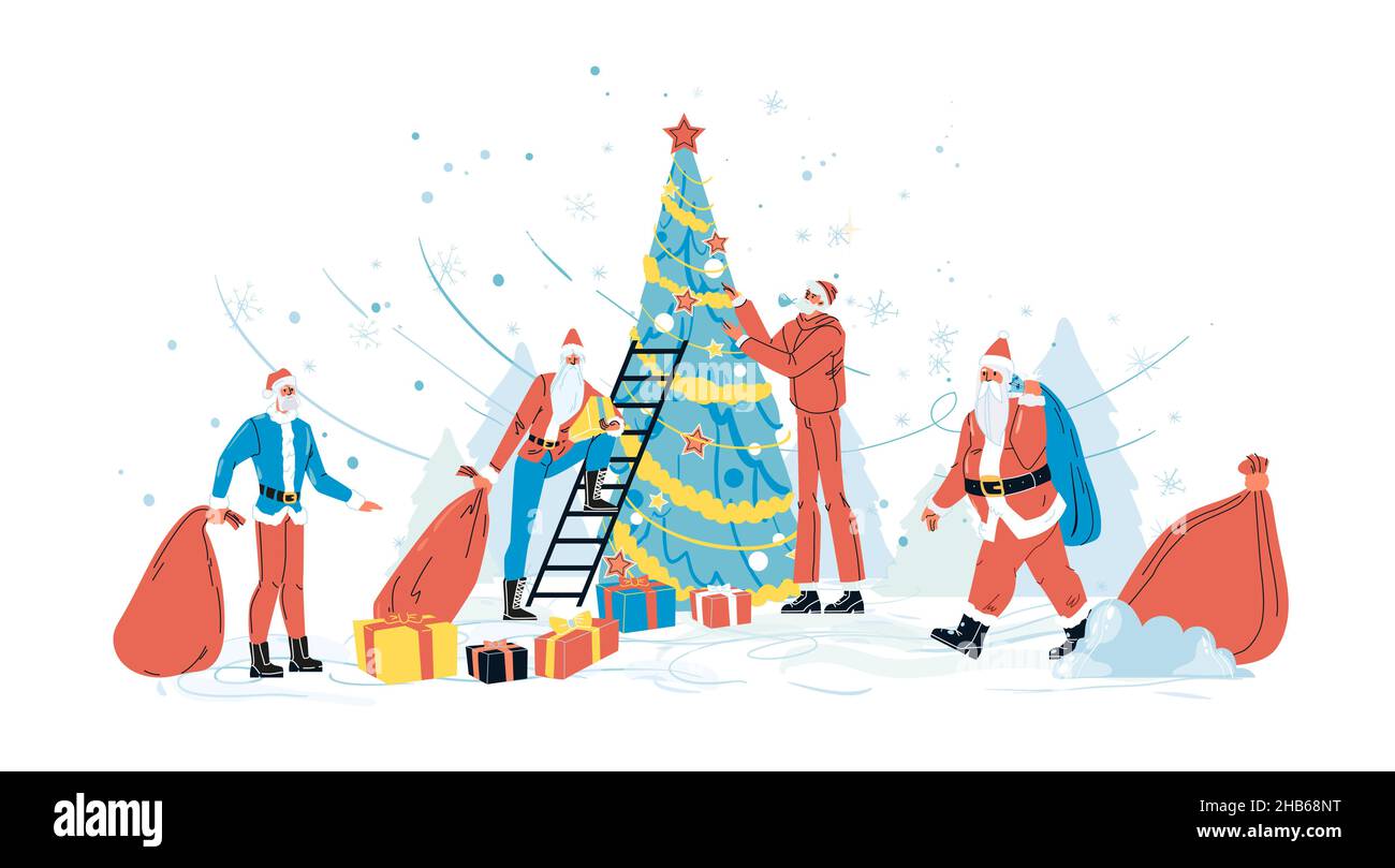 Different Santa Claus character decorating fir tree Stock Vector Image ...
