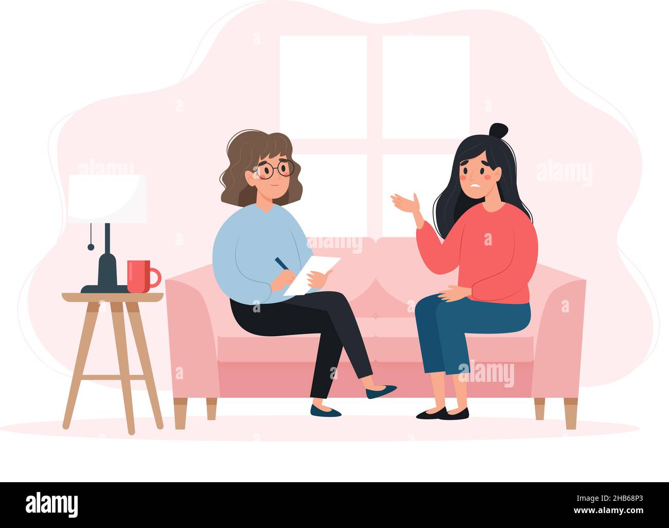 Psychotherapy Session Woman Talking To Psychologist Sitting On Sofa