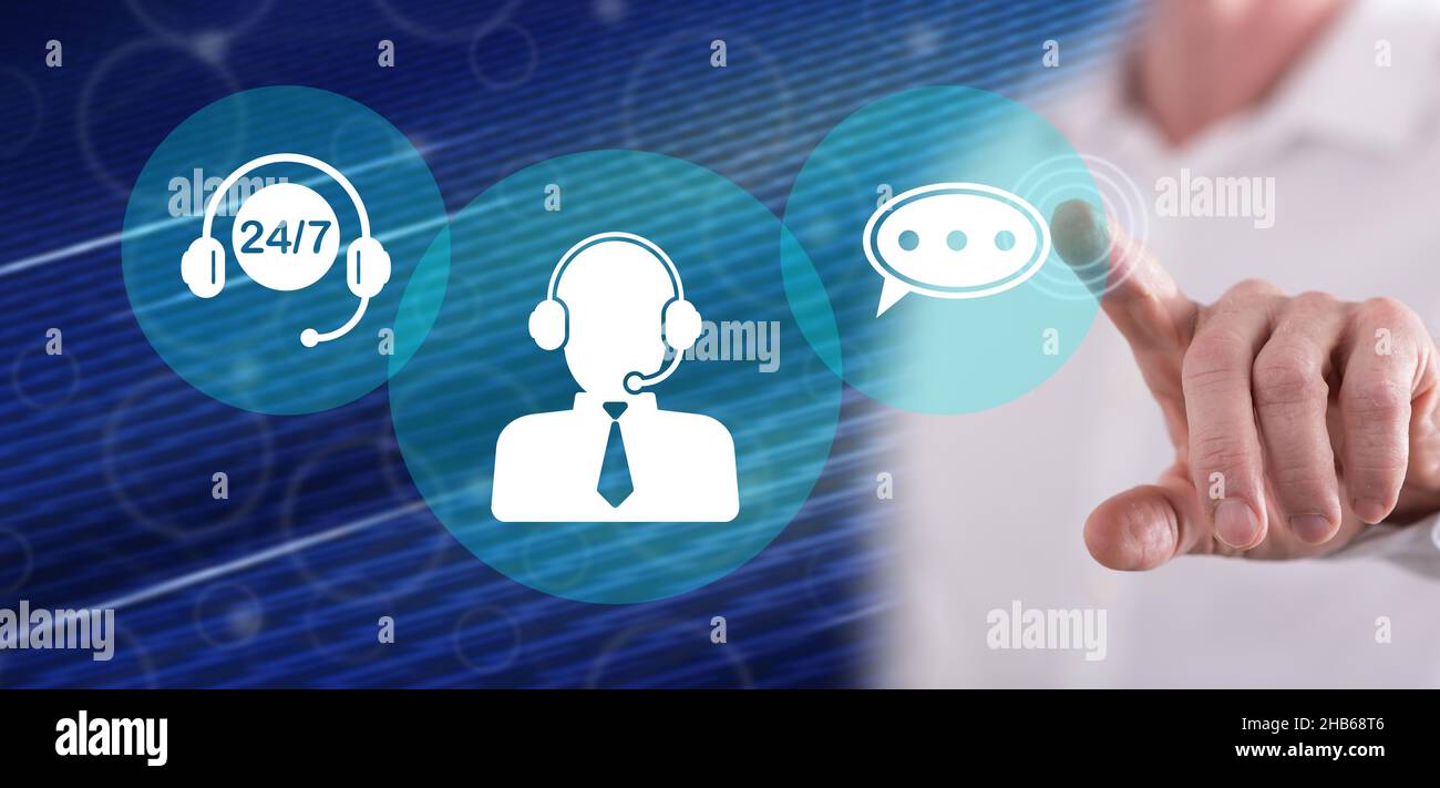 Man touching a call center concept on a touch screen with his finger ...