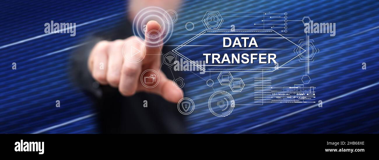 Man touching a data transfer concept on a touch screen with his finger ...