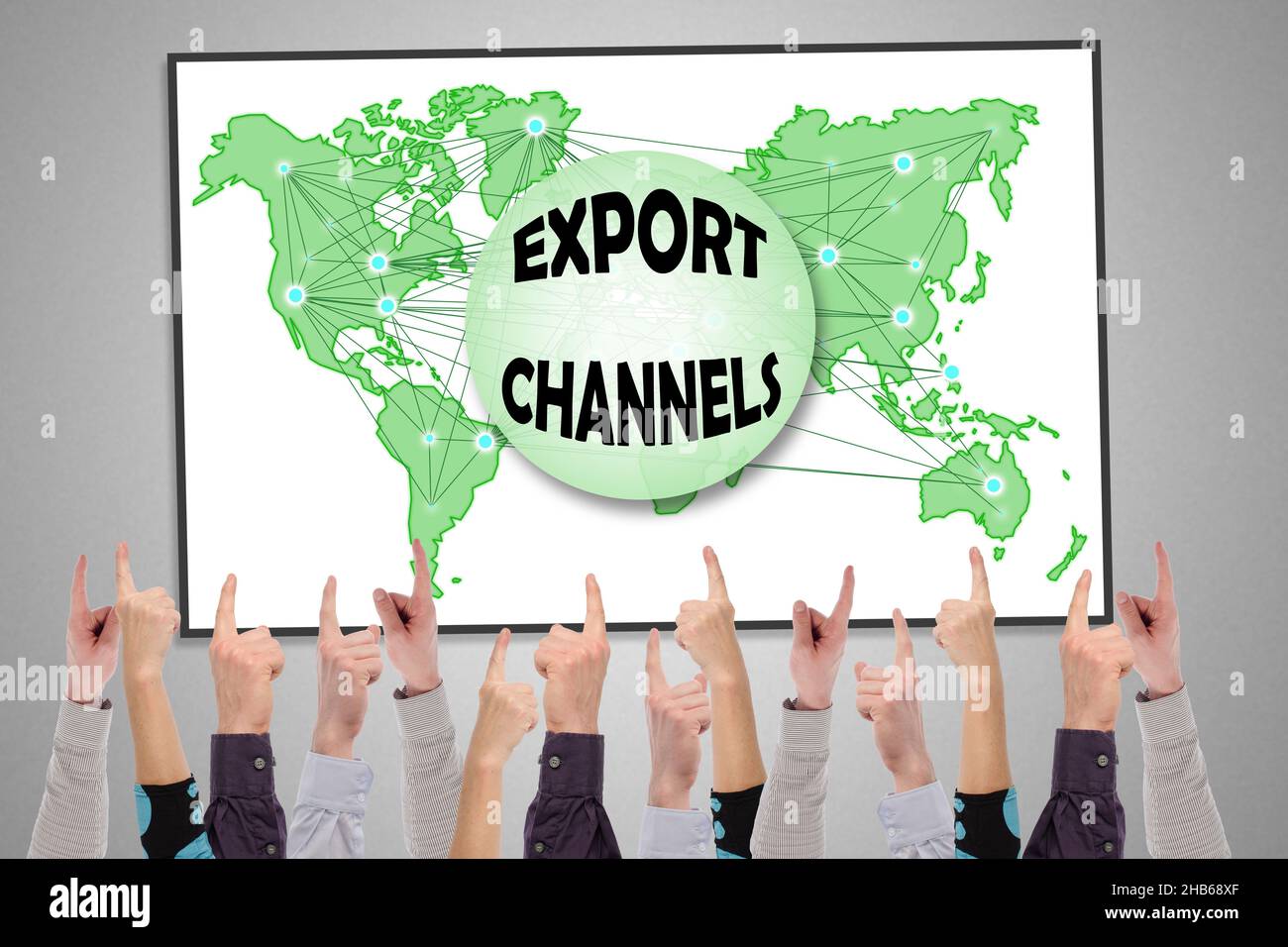 Export channels concept on a whiteboard pointed by several fingers ...