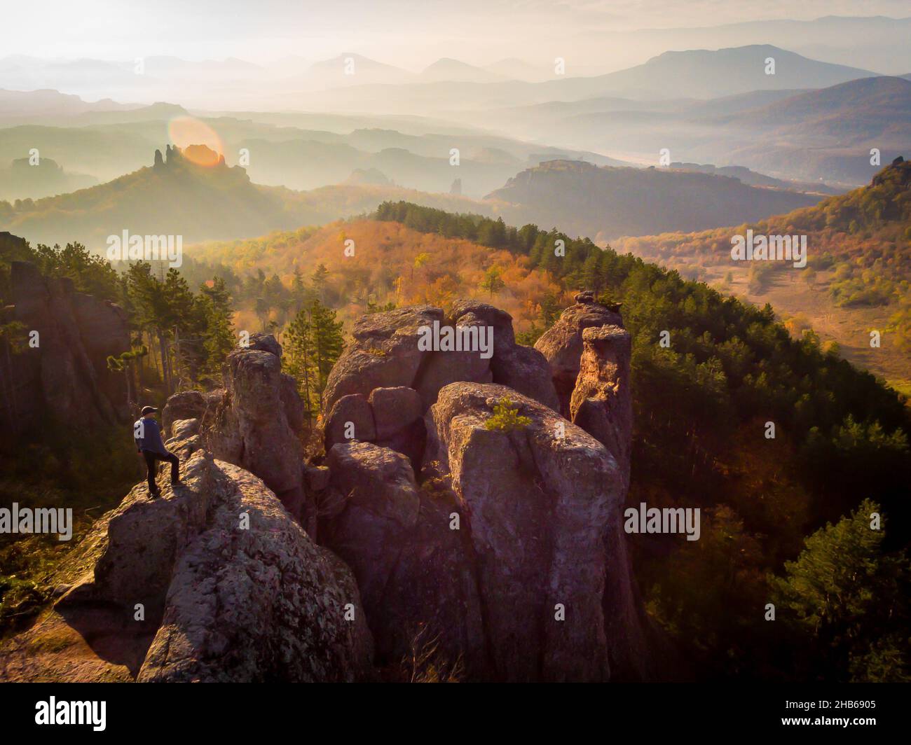 Aerial view of nature and mountains in Bulgaria ith one person enjoying ...