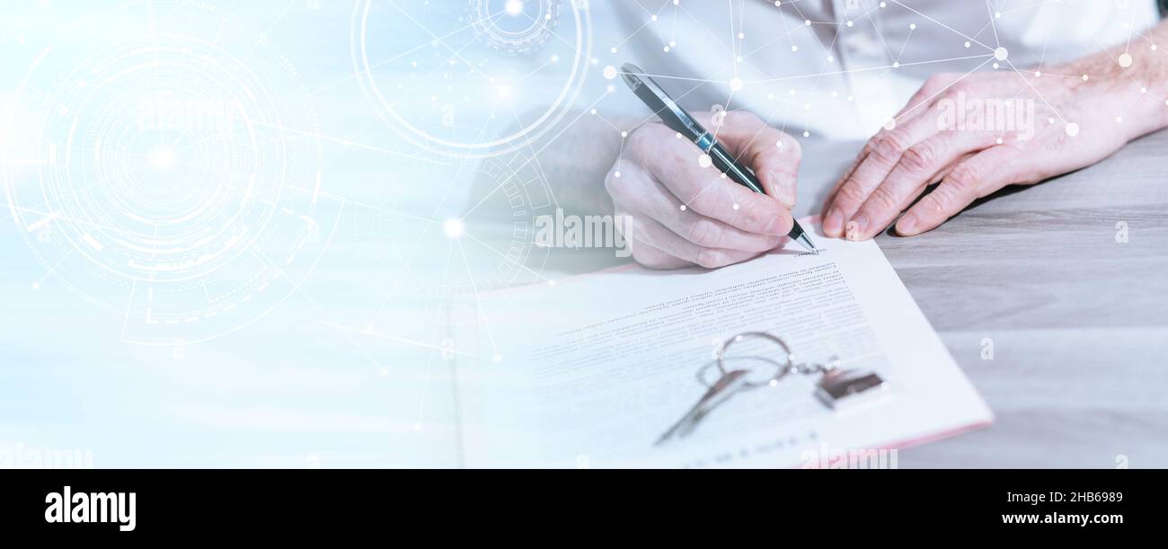 Signature of a real estate contract (lorem ipsum text used); multiple ...