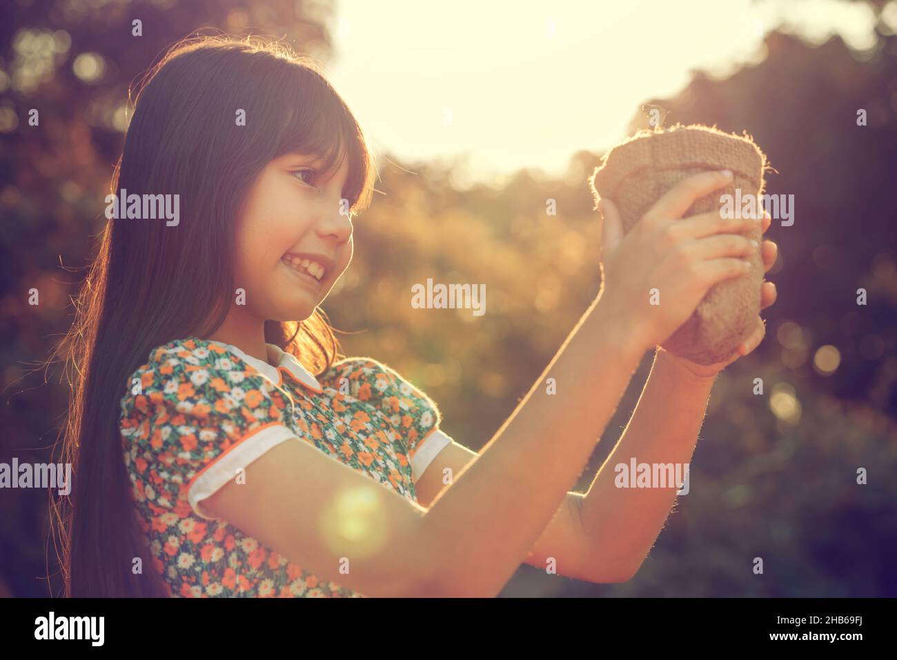 Young plant and girl. Little cute Girl give small plant to Sunshine ...