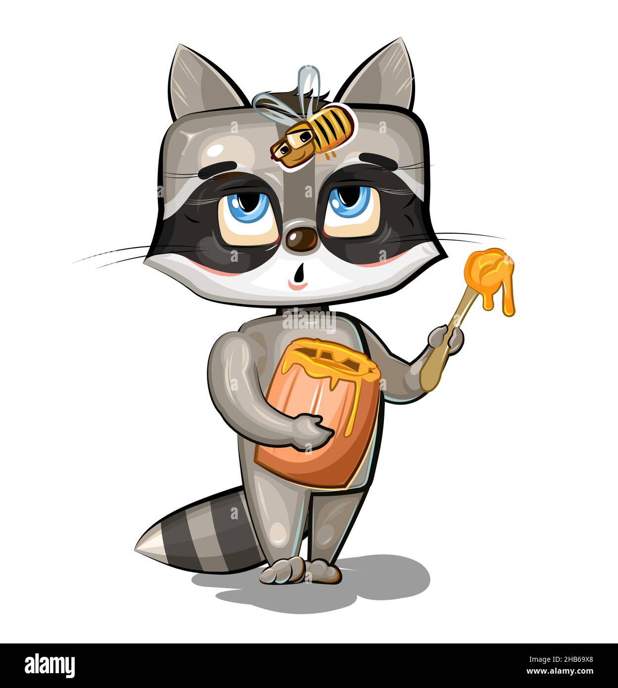 Cartoon Raccoon with a sweet tooth eating honey from a little wooden ...