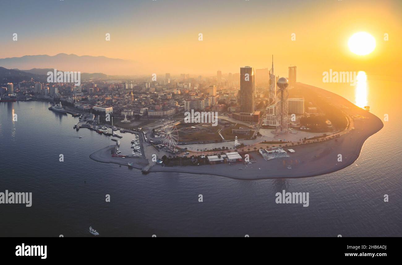 Aerial view to Batumi beach and sightseeing attractions with sunset n ...