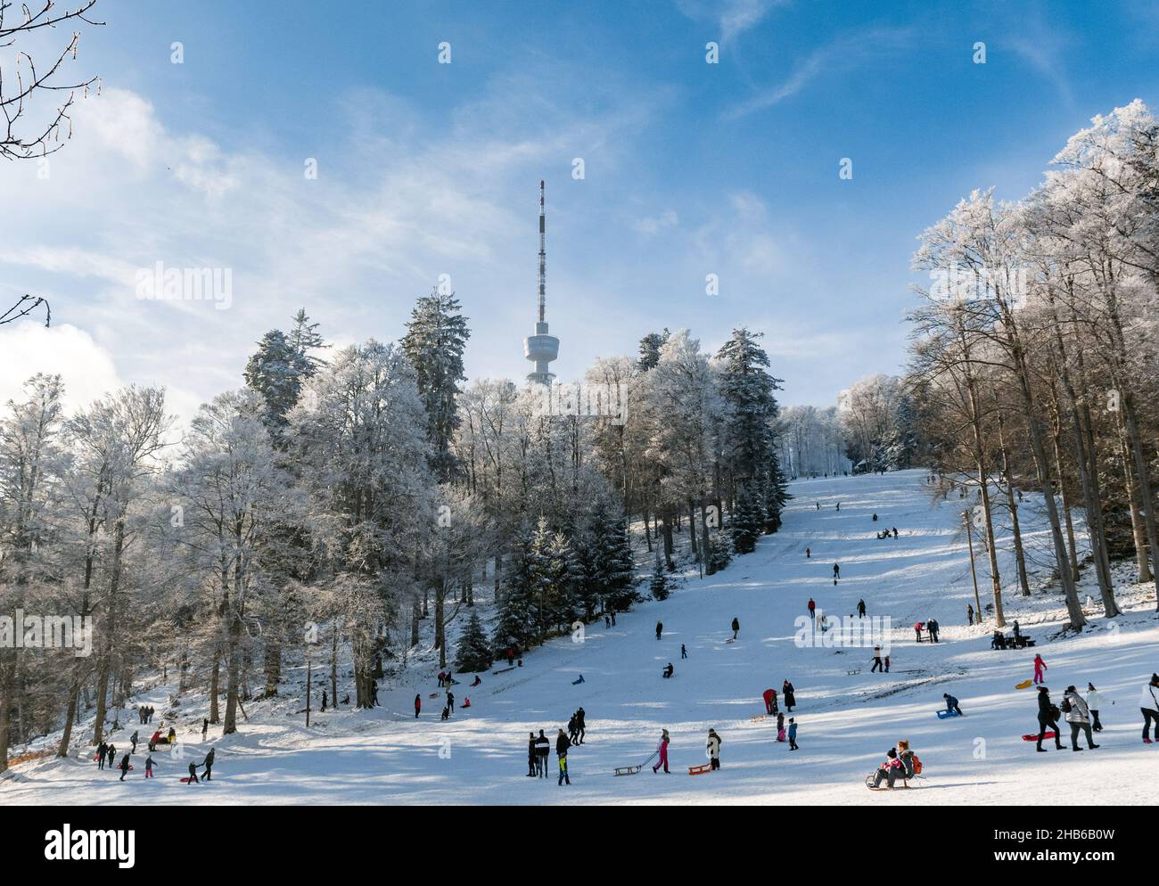 Winter scene with people enjoying in winter activities on sledding hill ...