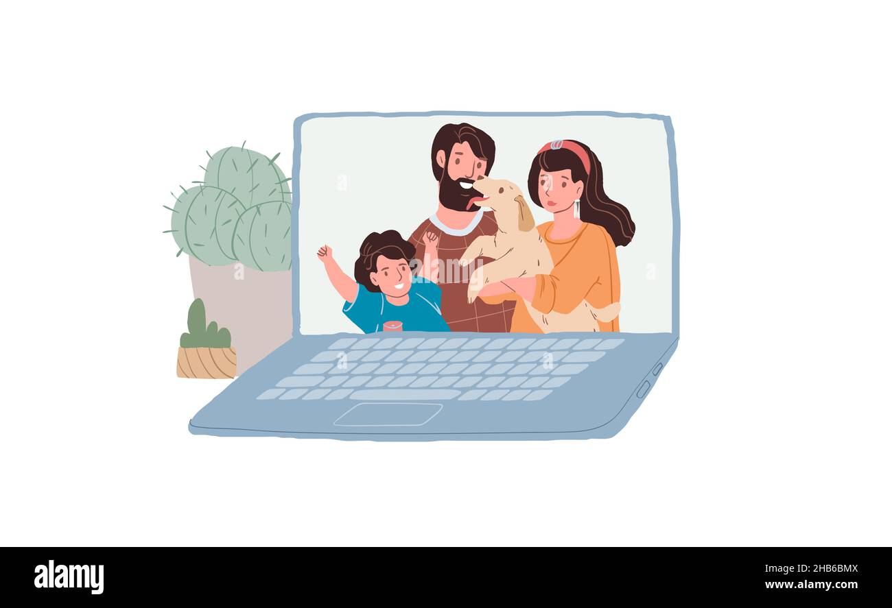 Cartoon flat happy family characters on computer screen,using of online ...