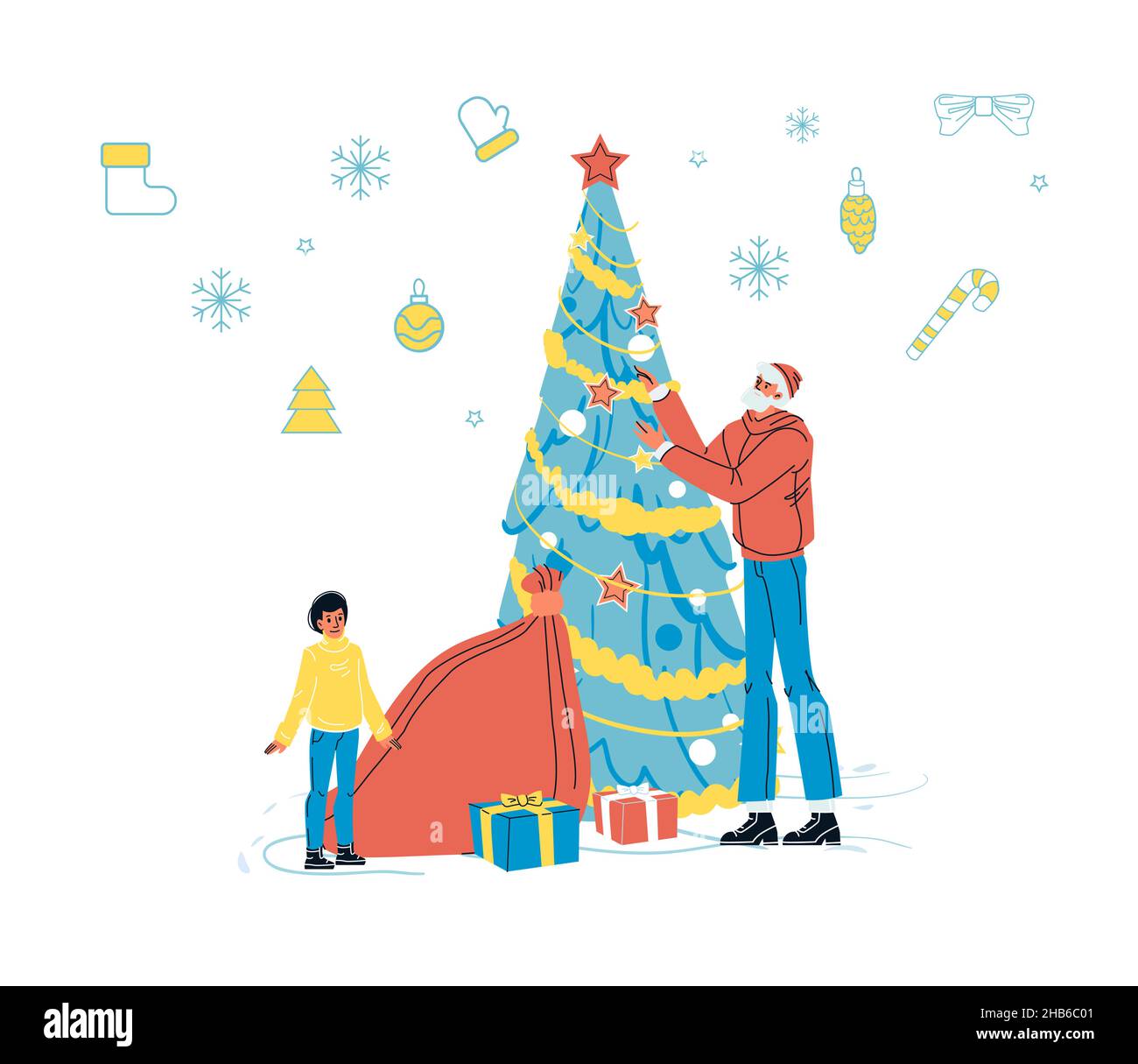 Father with son decorating Christmas fir tree Stock Vector Image & Art ...