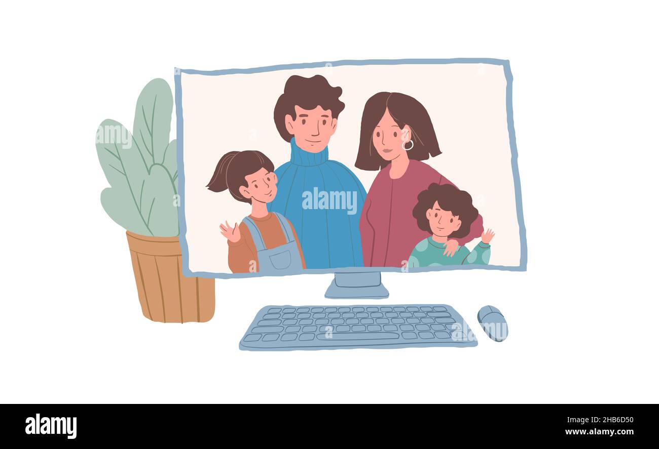 Cartoon flat happy family characters on computer screen,using of online ...