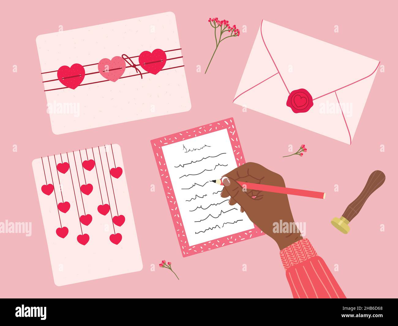 Valentine's day concept. Black female hands write greeting card with ...