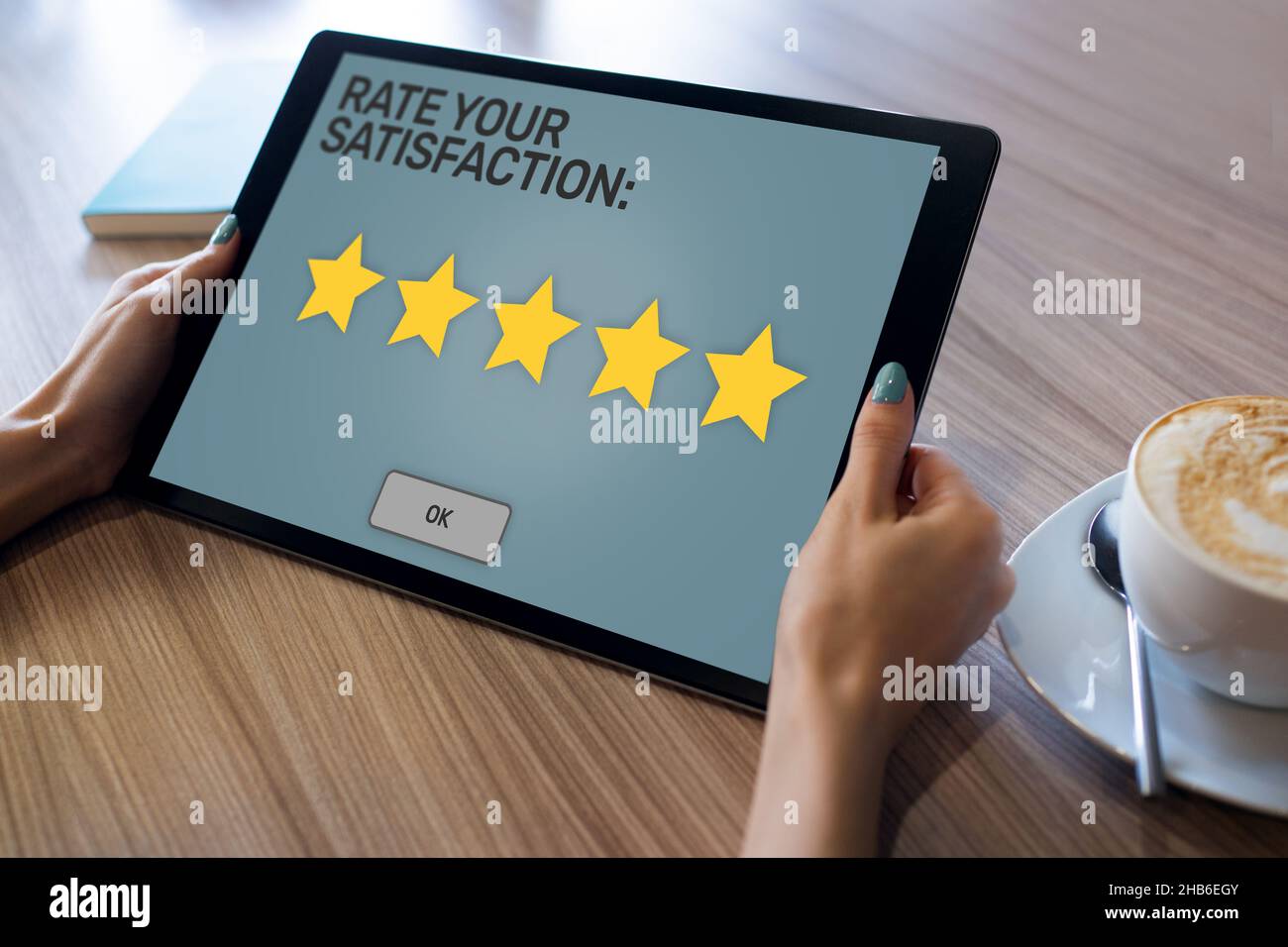 Rate your experience. Customer satisfaction review. Five star on device ...