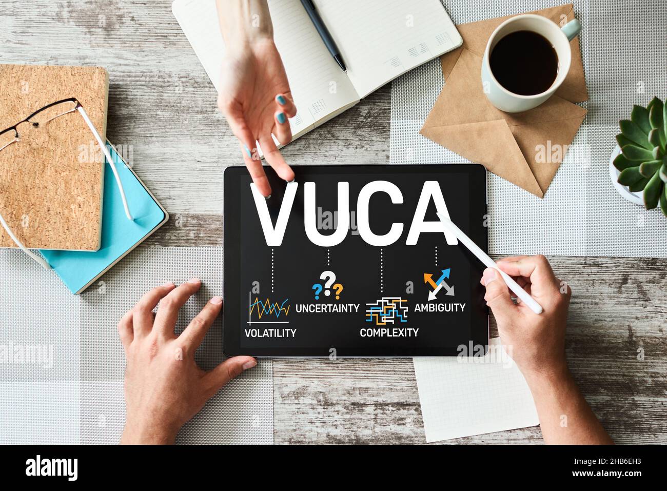 VUCA world concept on screen. Volatility, uncertainty, complexity ...