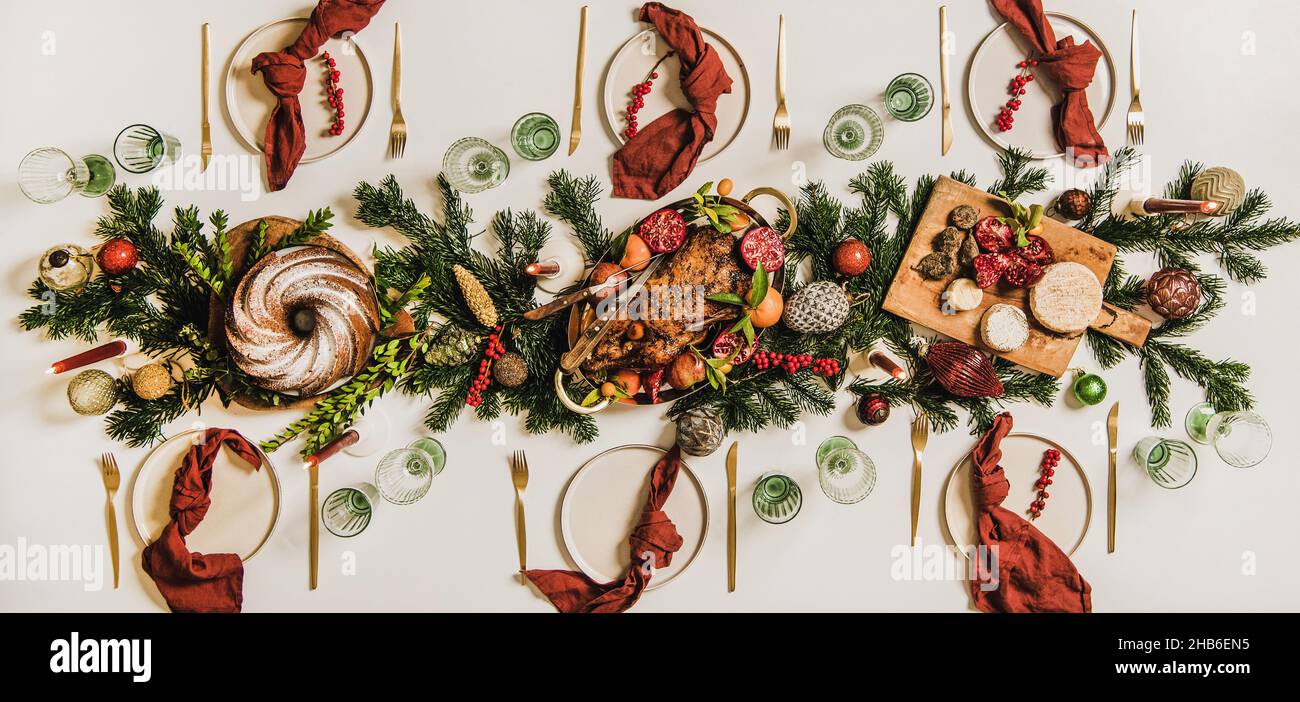 Flat-lay of Festive Christmas table setting over white background Stock ...