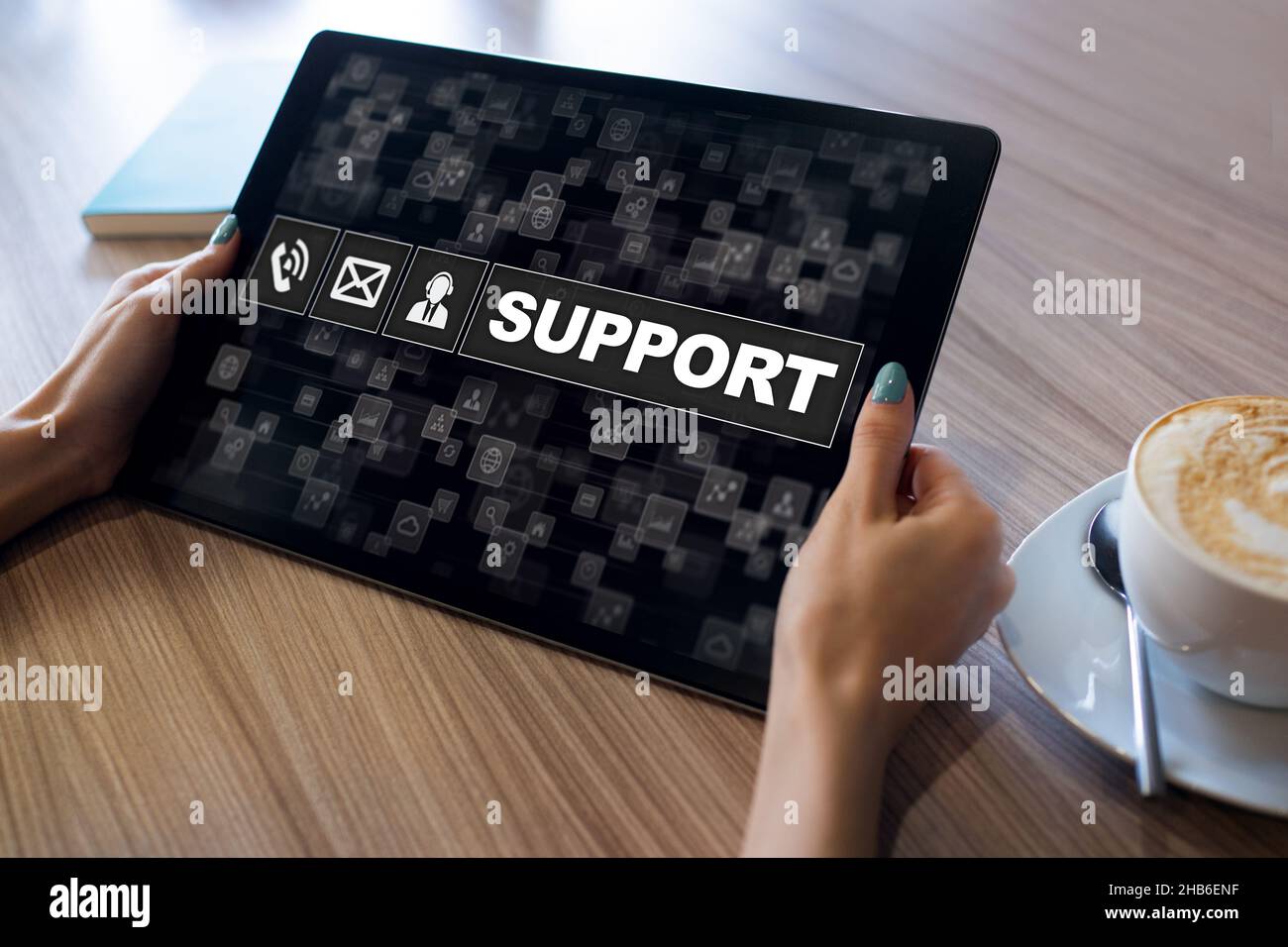 Technical support icons on screen. Call to help center. Internet and ...