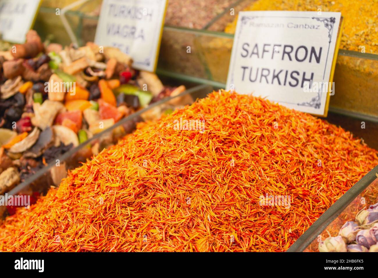 Saffron at the spices stall on turkish street market. Selective focus ...