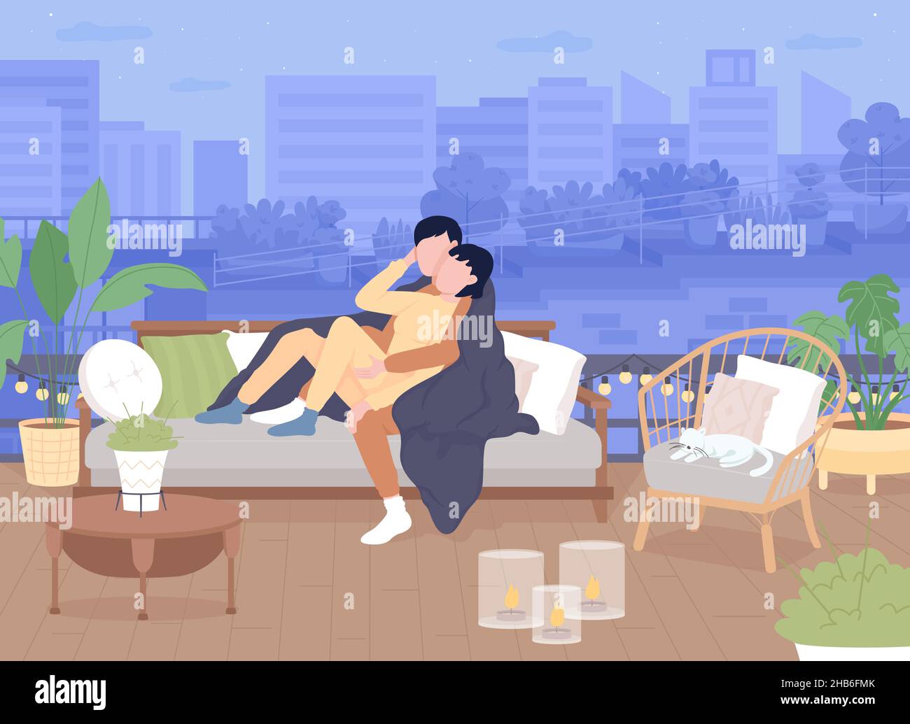 Romantic evening outdoors flat color vector illustration Stock Vector ...