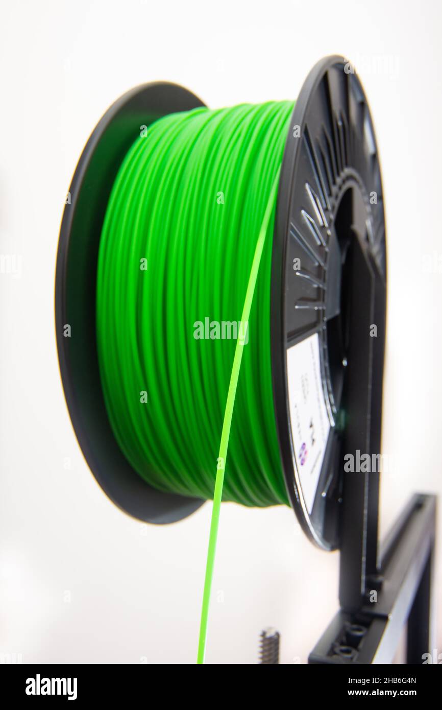 Detail of green FDM filament, material for printing on 3d printers ...