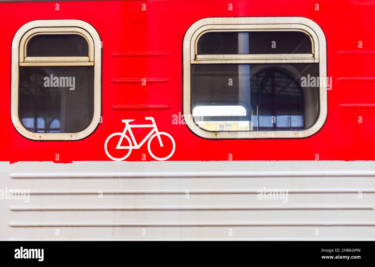 Bicycle compartment wagon marked from regional train in Lithuania Stock ...