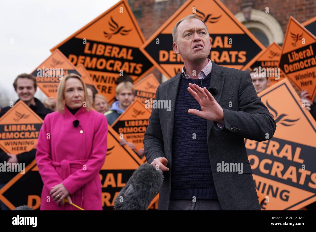 Newly elected MP Helen Morgan and Tim Farron in Oswestry, Shropshire ...