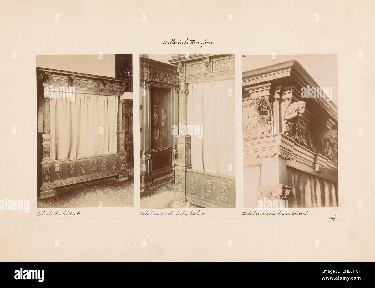Overview of three views of an oak crib, Left a front view of the crib ...